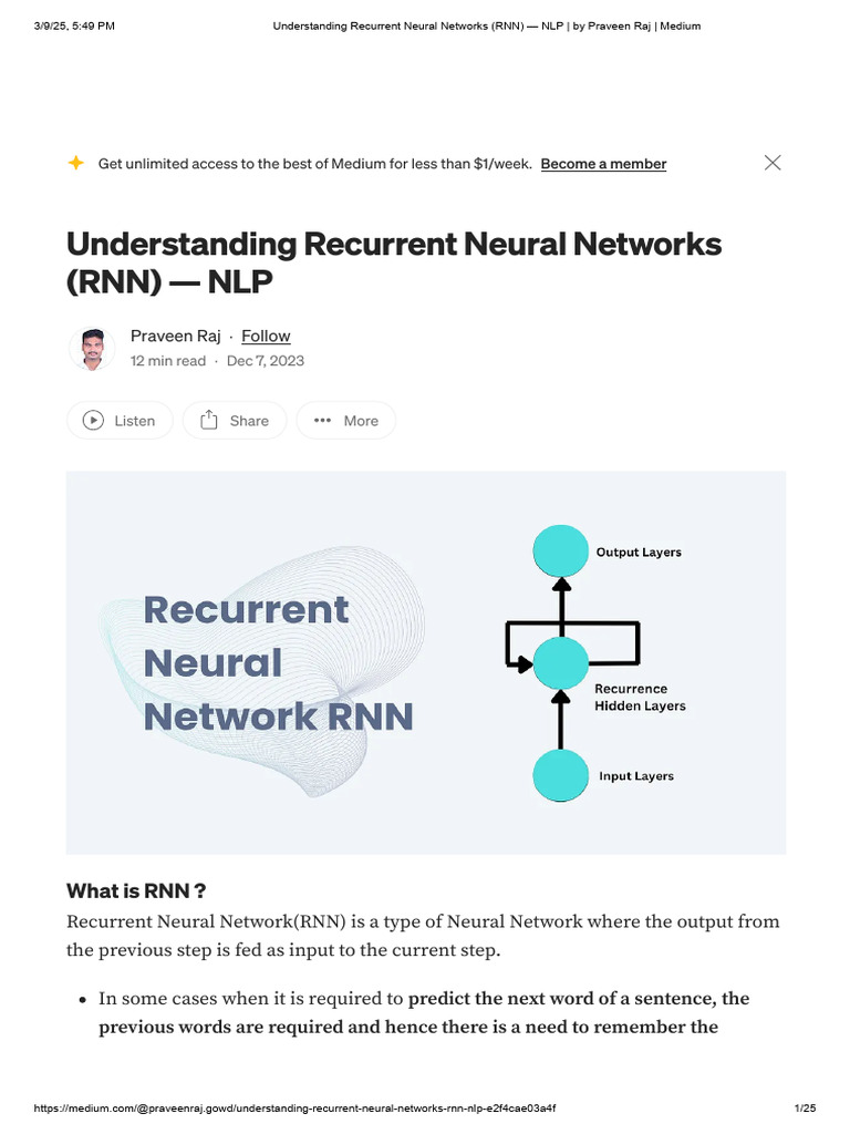 Understanding Recurrent Neural Networks (RNN) - NLP - by Praveen Raj - Medium | PDF | Deep ...