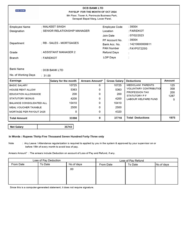 Oct Salary Slip Malkeet | PDF | Tax Deduction | Salary