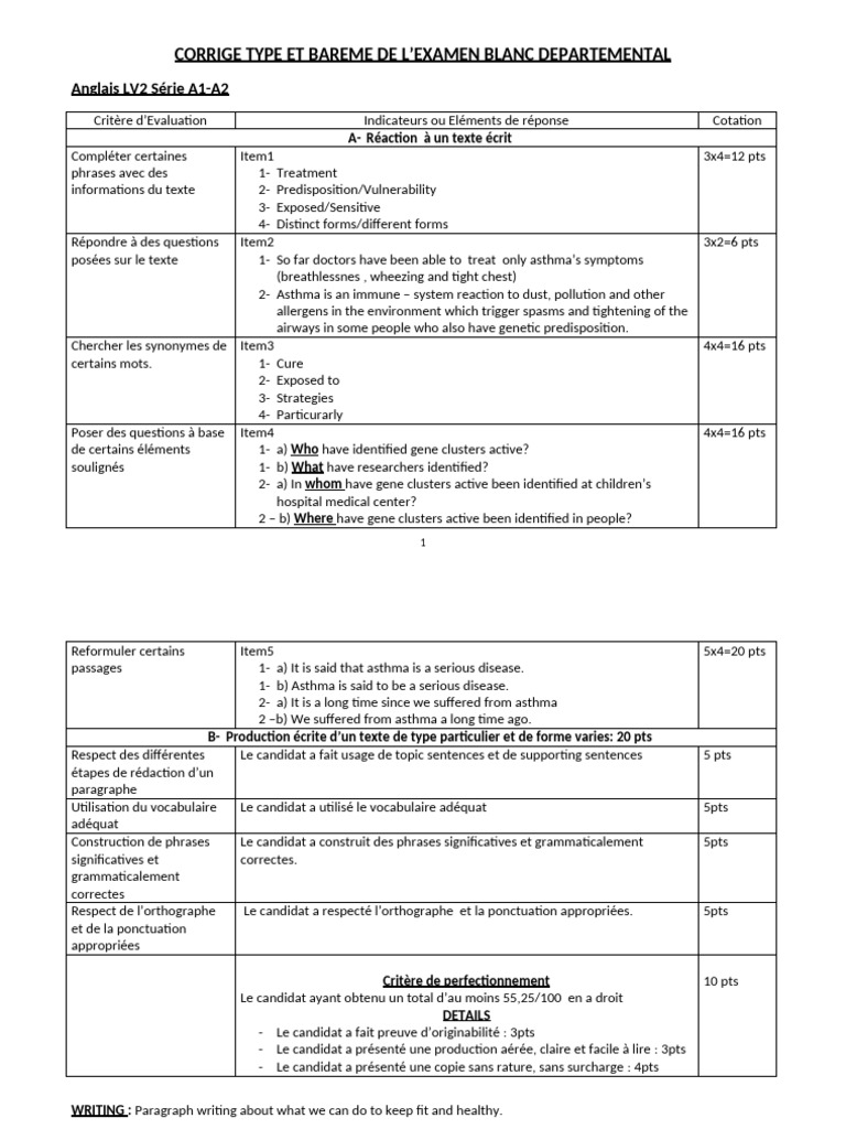 Anglais - Corrige Type Bac A1-A2 LV2 - Bac Blanc Borgou - 2017-2018 | PDF | Asthma | Diseases ...
