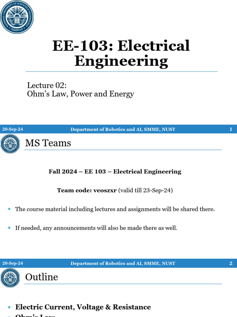 EE - Lec 02 - Ohms Law, Power and Energy | PDF | Voltage | Electric Current