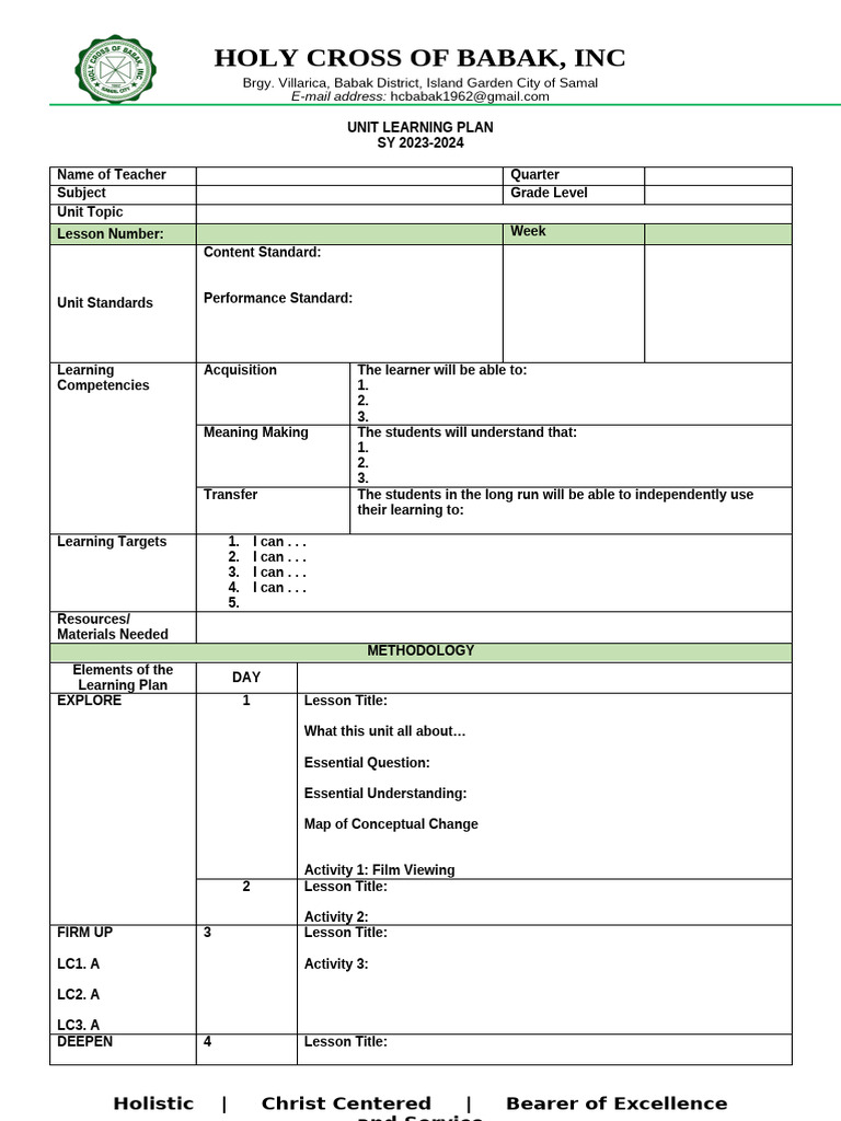 Unit Learning Plan Format | PDF | Learning | Behavior Modification