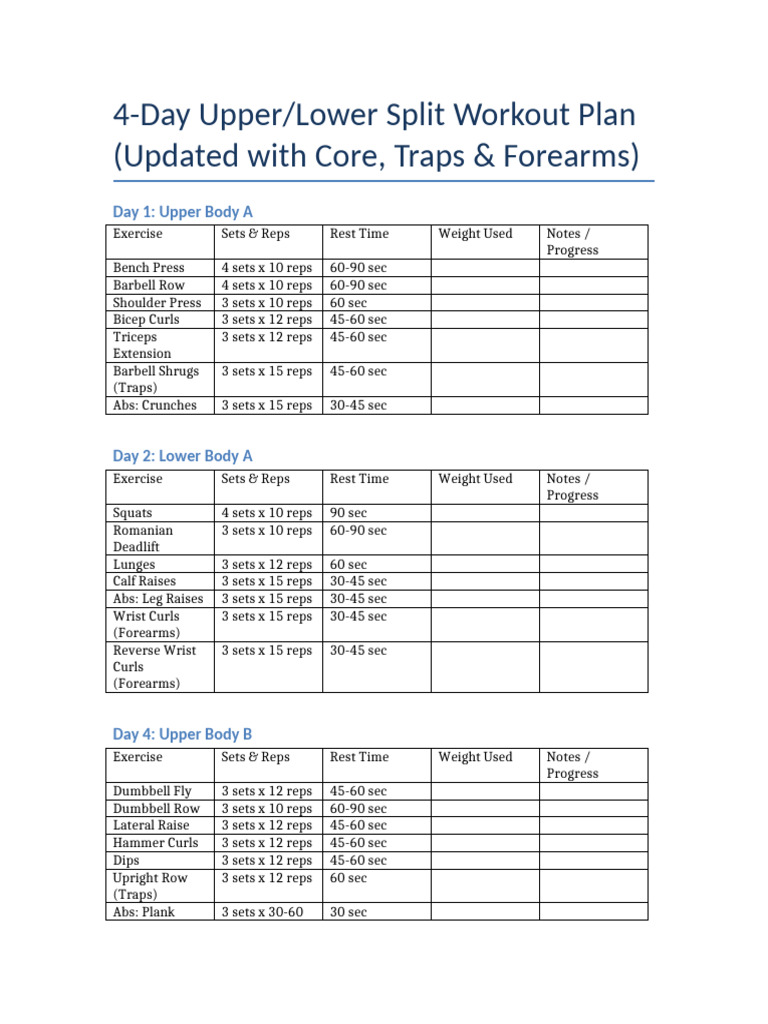 4-Day Upper/Lower Workout Plan | PDF