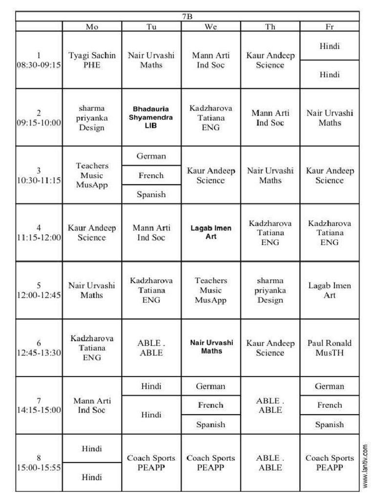 Grade 7B Class Timetable | PDF