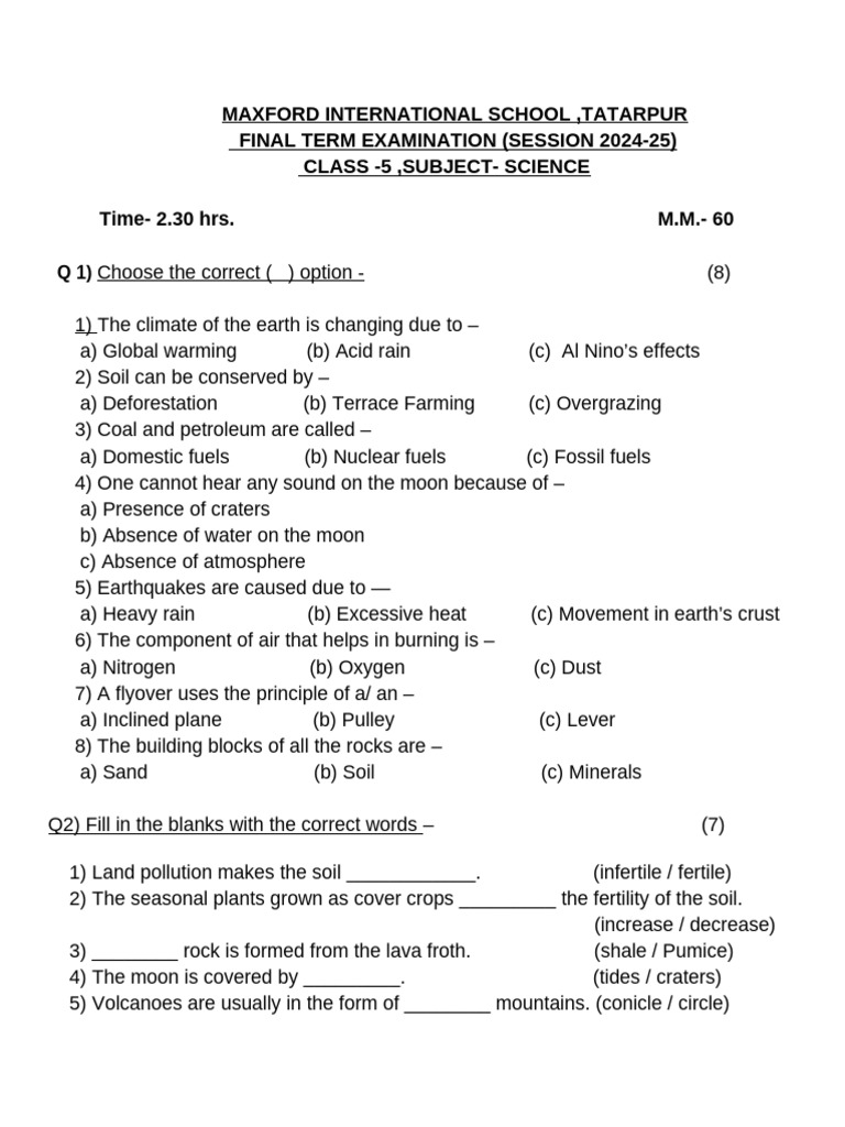 class 5th science exam paper 2024-25 | PDF | Soil | Water
