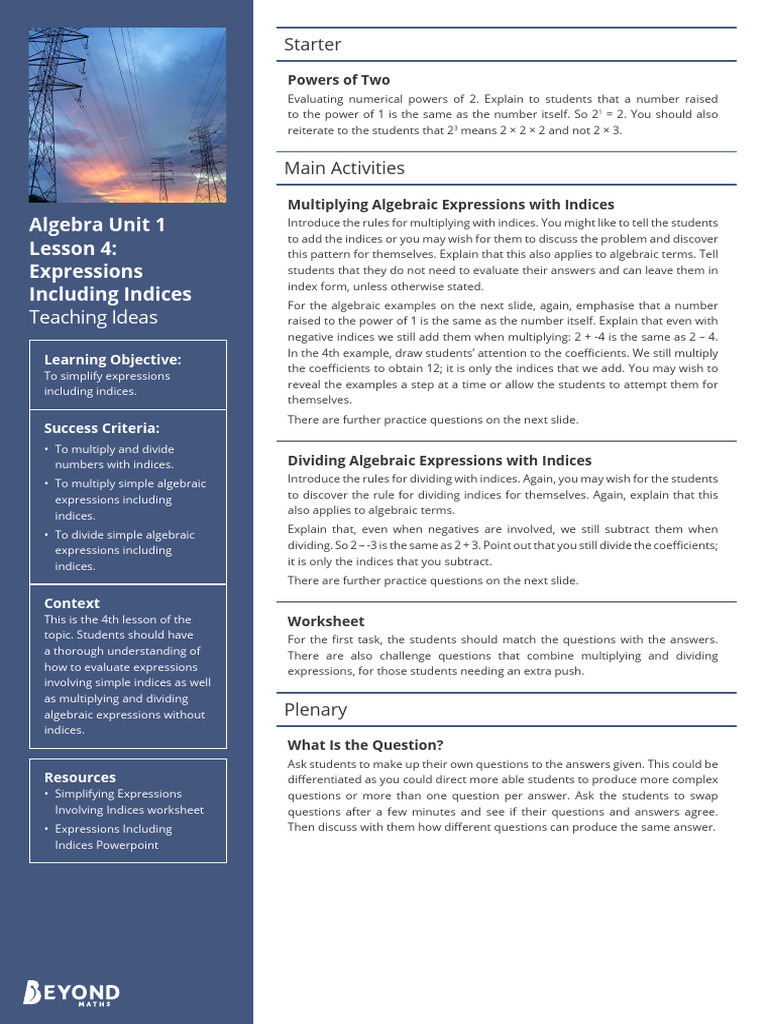 Algebra Unit 1 Lesson 4 - Teaching Ideas | PDF | Numbers | Algebra