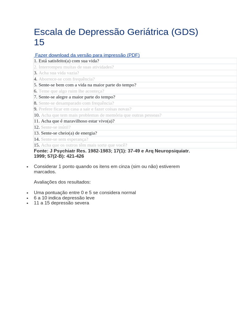 ESCALA GERIATRICA DE DEPRESSÃO GDS-15 | PDF