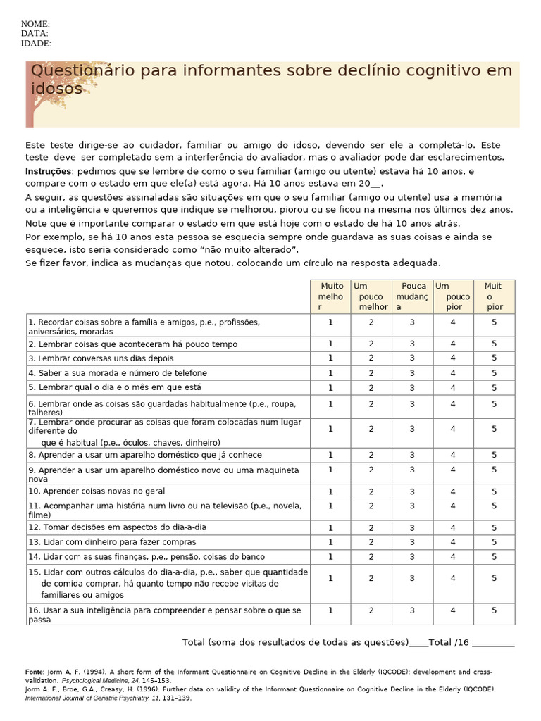 Questionario Sobre o Declinio Do Idoso - Iqcode | PDF