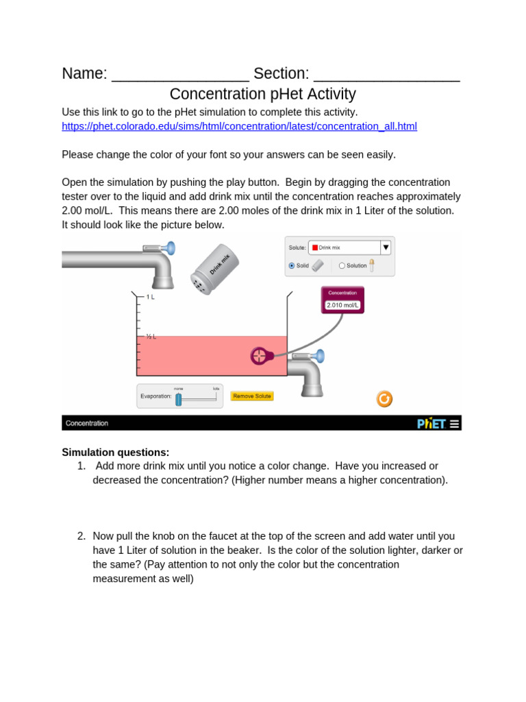 Concentration Phet Activity | PDF | Concentration | Evaporation