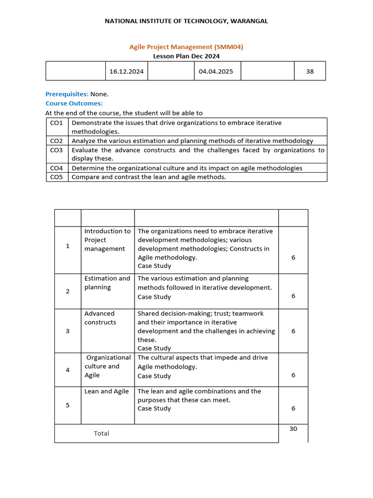 Agile Project Management Lecture Plan | PDF | Agile Software ...