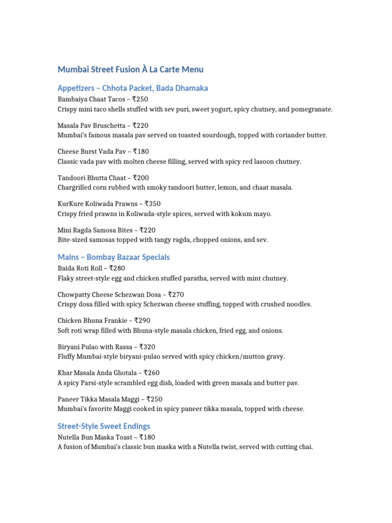 Mumbai Street Fusion Menu | PDF