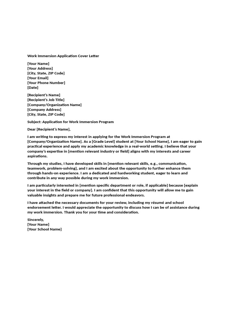 Work Immersion Application Letter | PDF | Learning