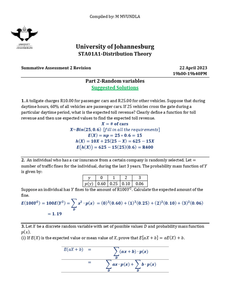 SA2 Revision Part 2 Memo | PDF | Insurance | Probability Theory