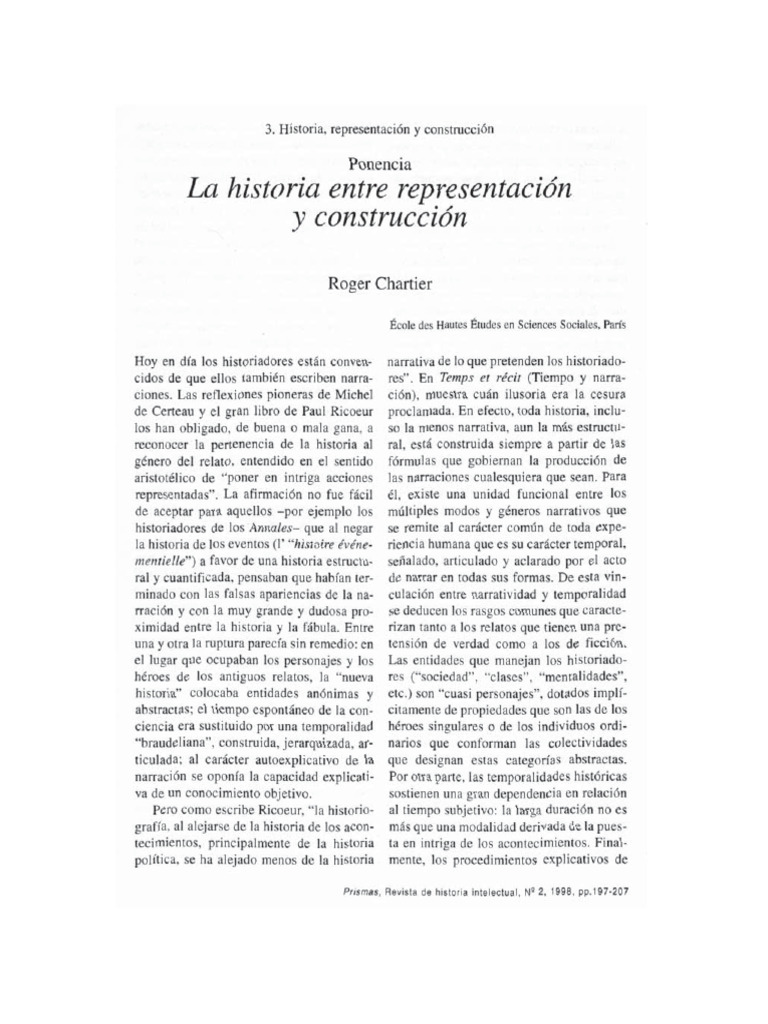 Roger Chartier - La Historia Entre Representación y Construcción | PDF