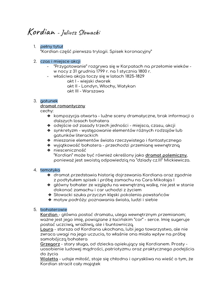 Kordian - Juliusz Słowacki Notatki | PDF