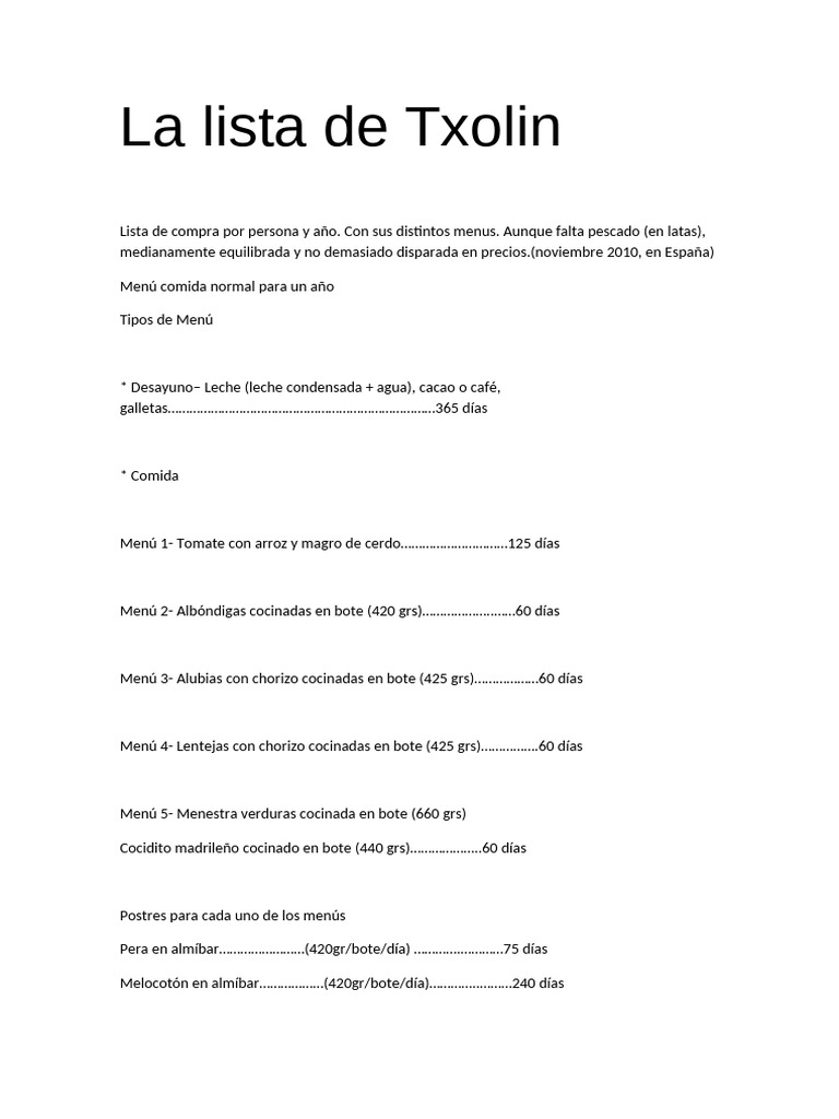 Menú y lista de compras Txolin | PDF | ensalada | Sopa