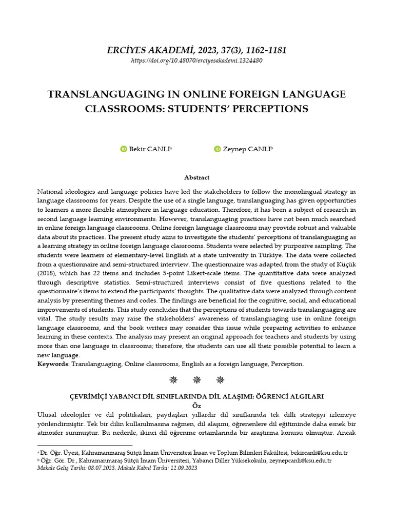 Translanguaging in online FL classroom - Student's perceptions | PDF ...