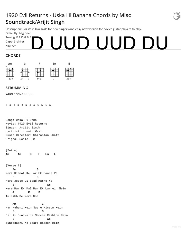 1920 Evil Returns - Uska Hi Banana Chords (Ver 3) by Misc ...