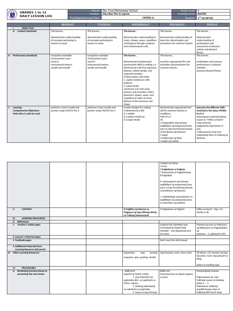 DLL_MAPEH 5_Q4_W6 | PDF