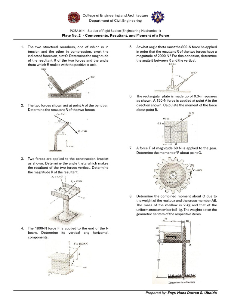 Plate No. 2 Engineering Mechanics 1 | PDF | Force | Beam (Structure)