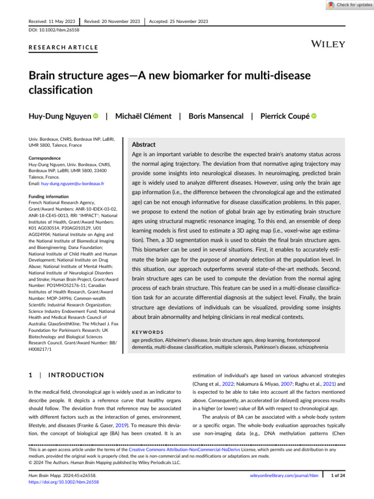 Human Brain Mapping - 2024 - Nguyen - Brain Structure Ages A New Biomarker For Multi Disease ...