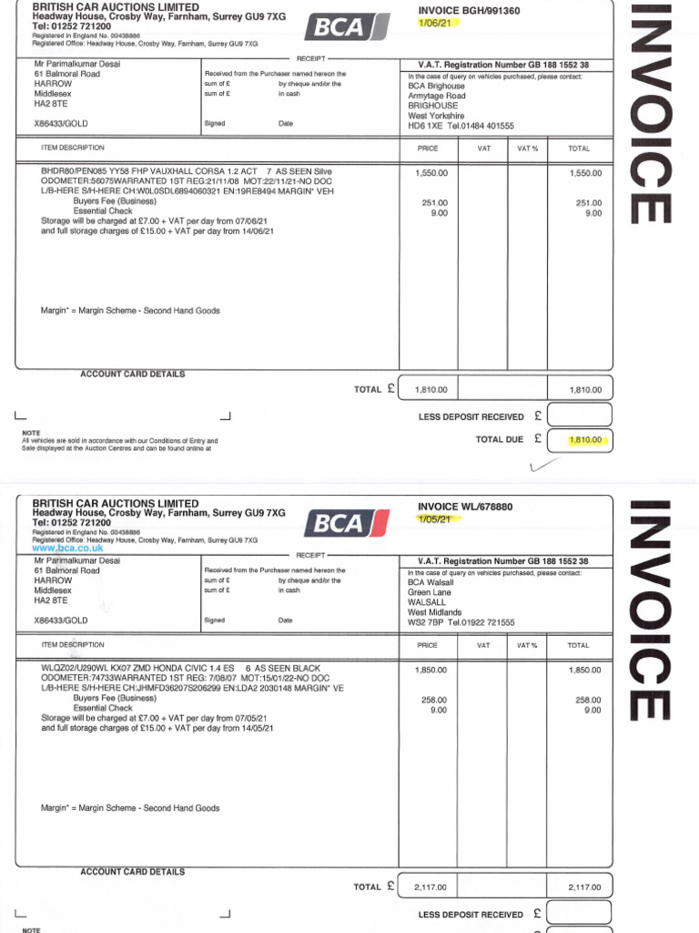 British Car Auctions LTD Invoices | PDF