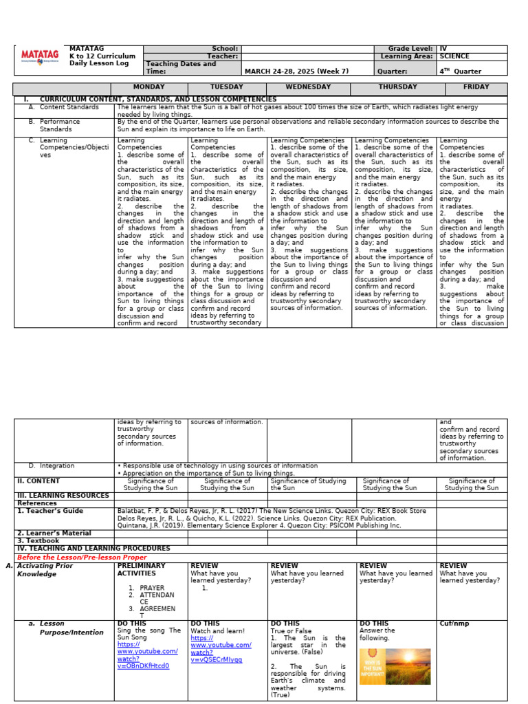 MATATAG DLL WEEK 7 SCIENCE G4 q4 | PDF | Sun | Stars