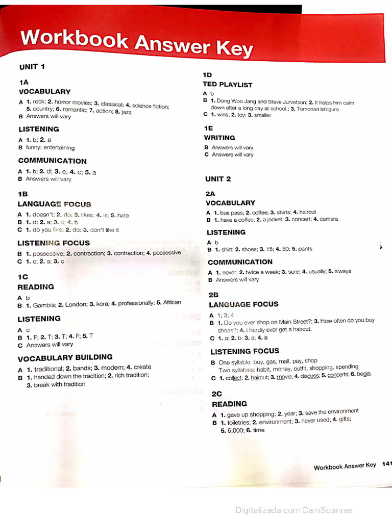 Workbook Answer Key - K1 | PDF