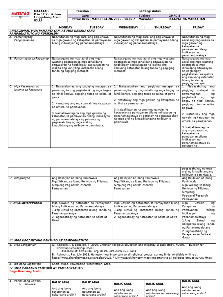 MATATAG DLL WEEK 7 GMRC G4 q4 | PDF