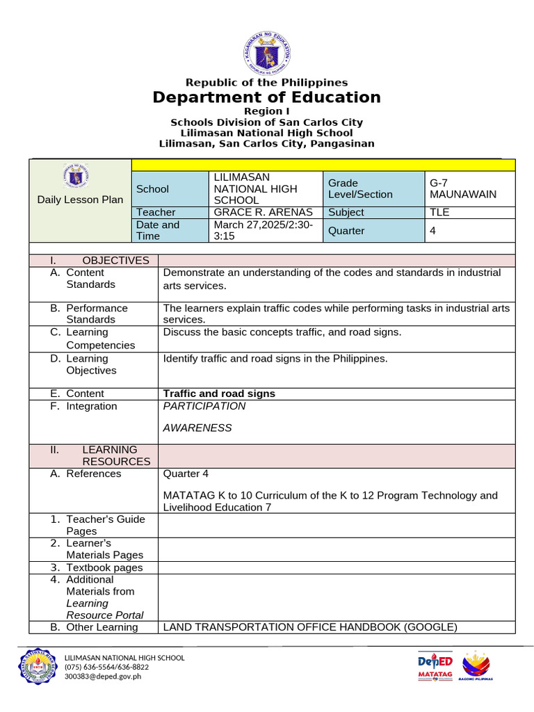G7 TLE Traffic Sign Lesson Plan 2025 | PDF | Traffic | Learning