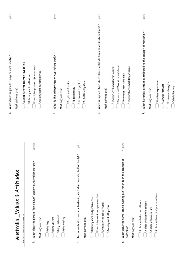 Australia - Values & Attitudes - Quiz | PDF