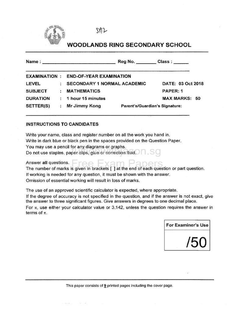 Math - Sec 1 NA - SA2 - 2018 - Woodlands Ring Sec | PDF