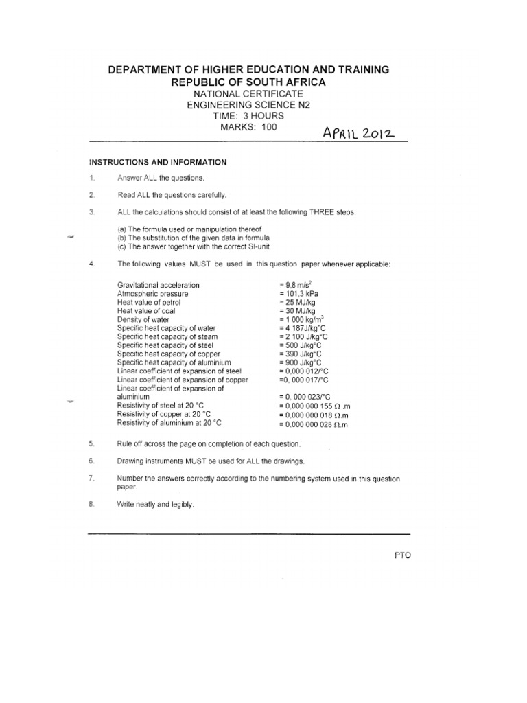 Eng. Science N2 Apr 2012 1 | PDF