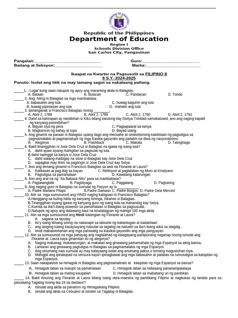 Filipino 8 - Ikaapat Na Markahang Pagsusulit | PDF