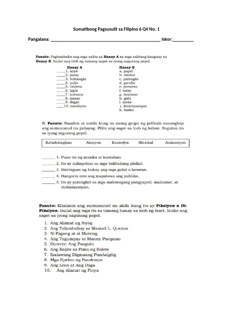 Sumatibong Pagsusulit Sa Filipino 6 Q4 No 1-2 | PDF