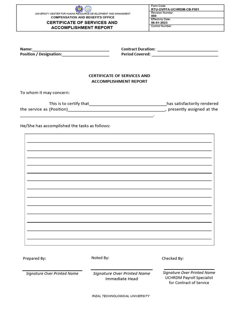 Certificate of Services Report Template | PDF