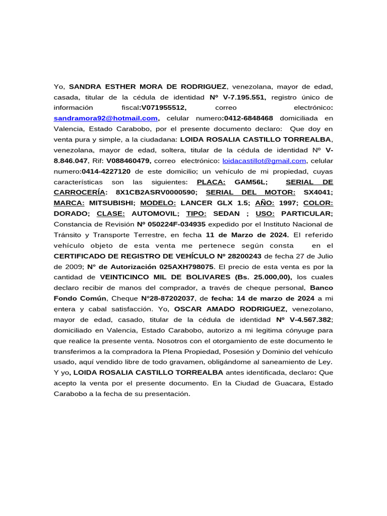 Documento Compra-Venta Vehiculo en Notaria de Guacara | PDF