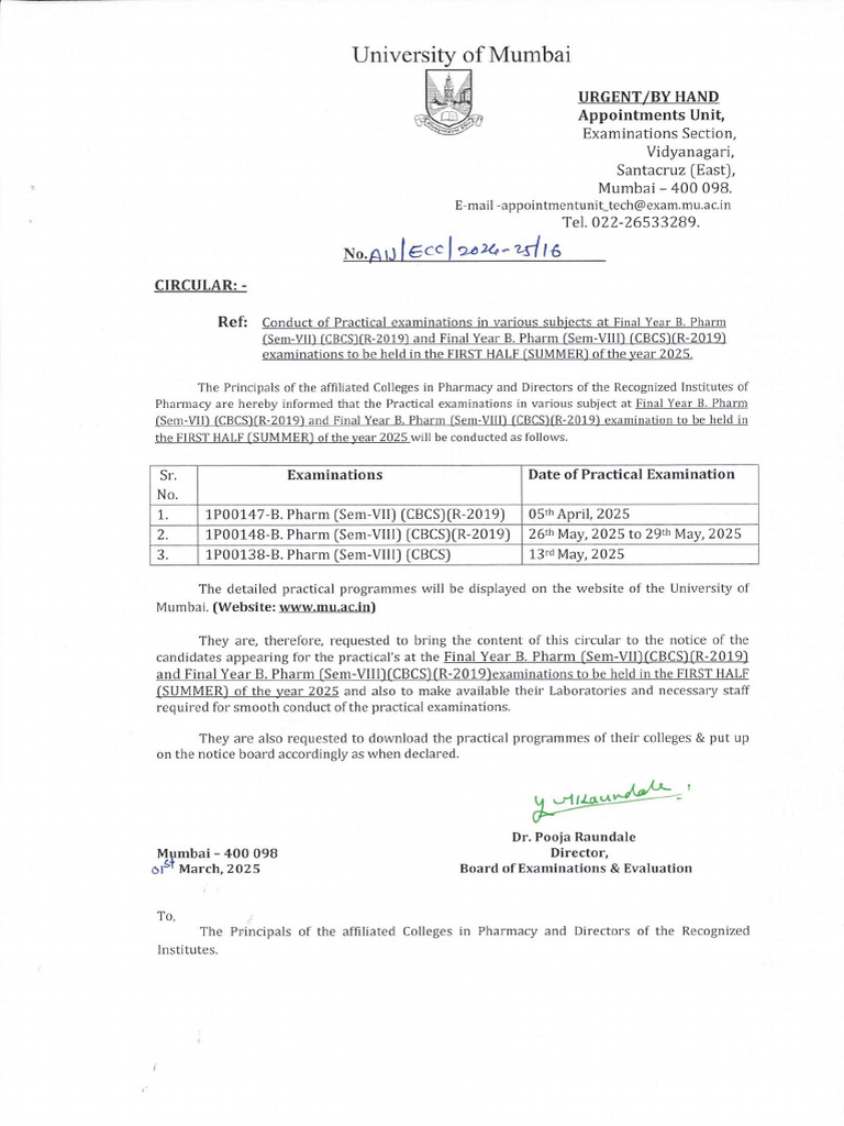 Circular For B.Pharmacy Practical Examinations For First Half (Summer ...