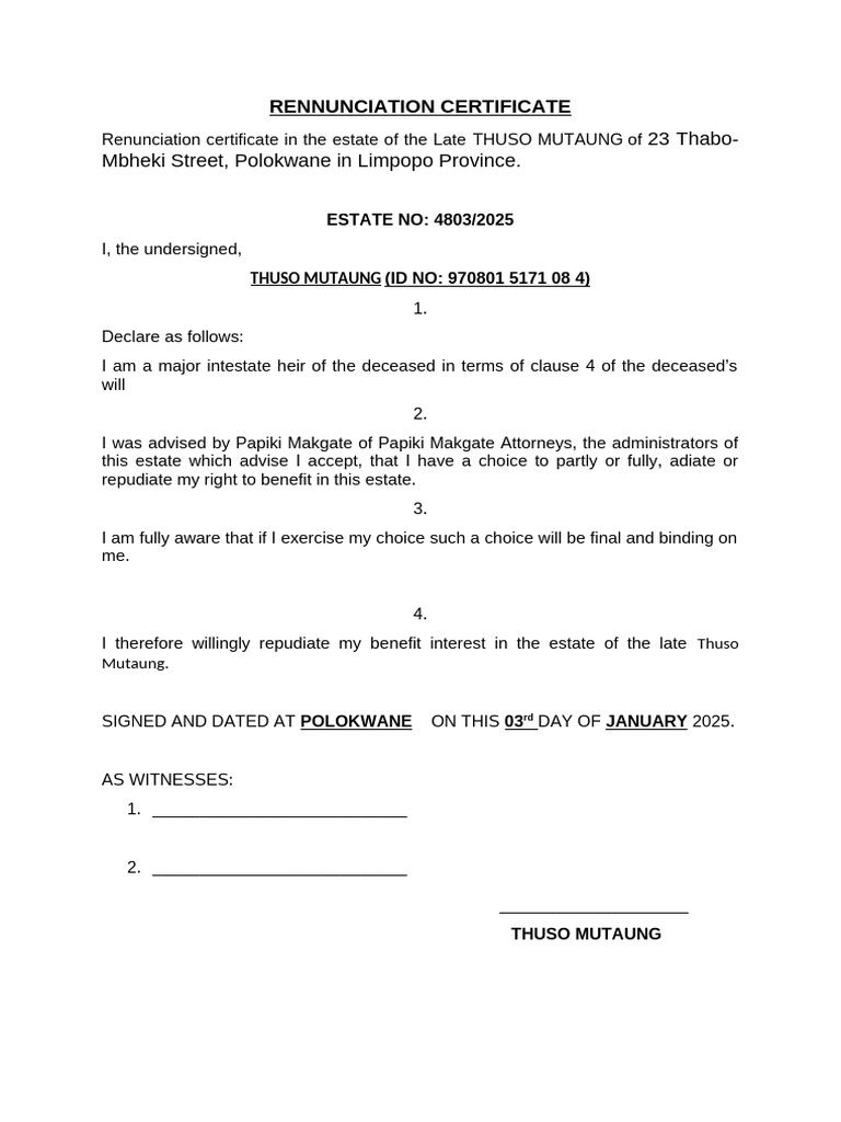 Renunciation Certificate for Estate 4803/2025 | PDF