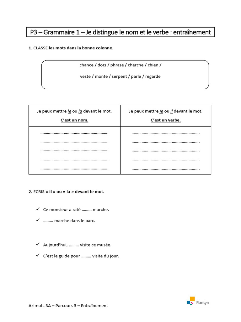 Azimuts 3A : Entraînement Grammaire et Conjugaison | PDF | Phrase ...