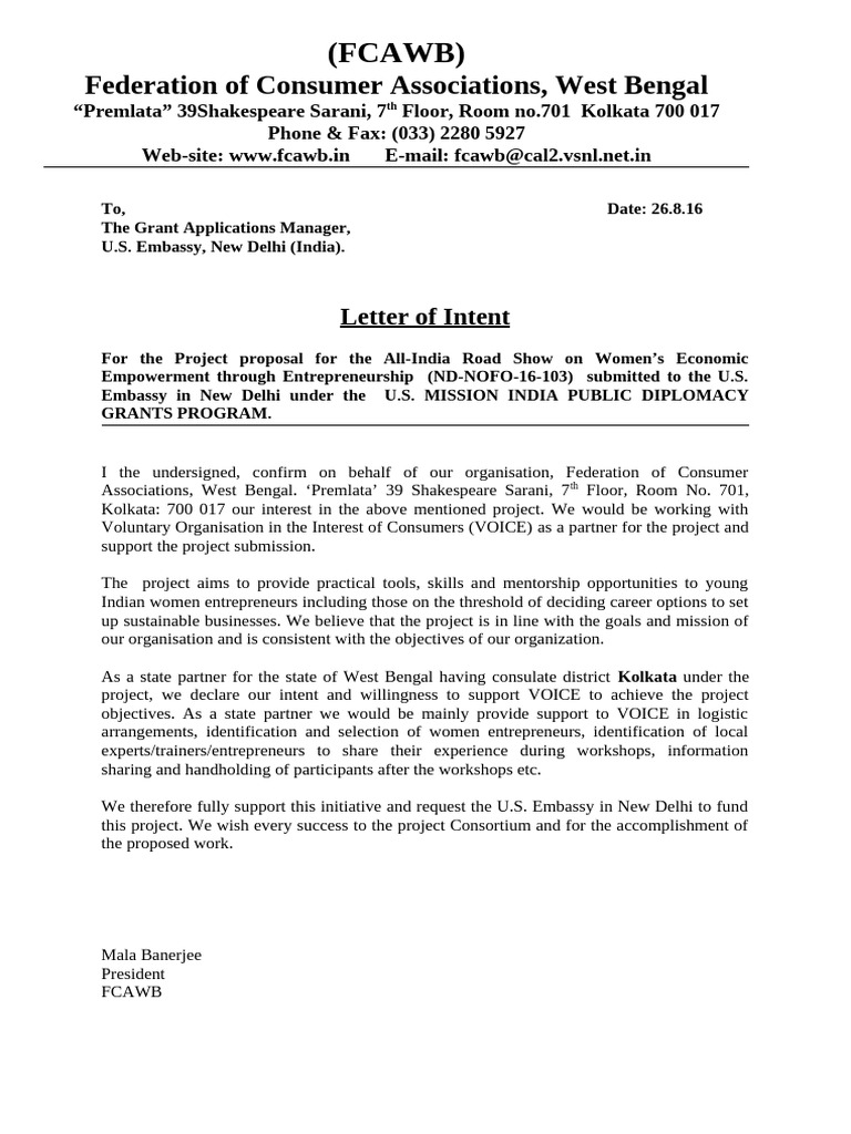 Draft Letter of Intent - Kolkata | PDF