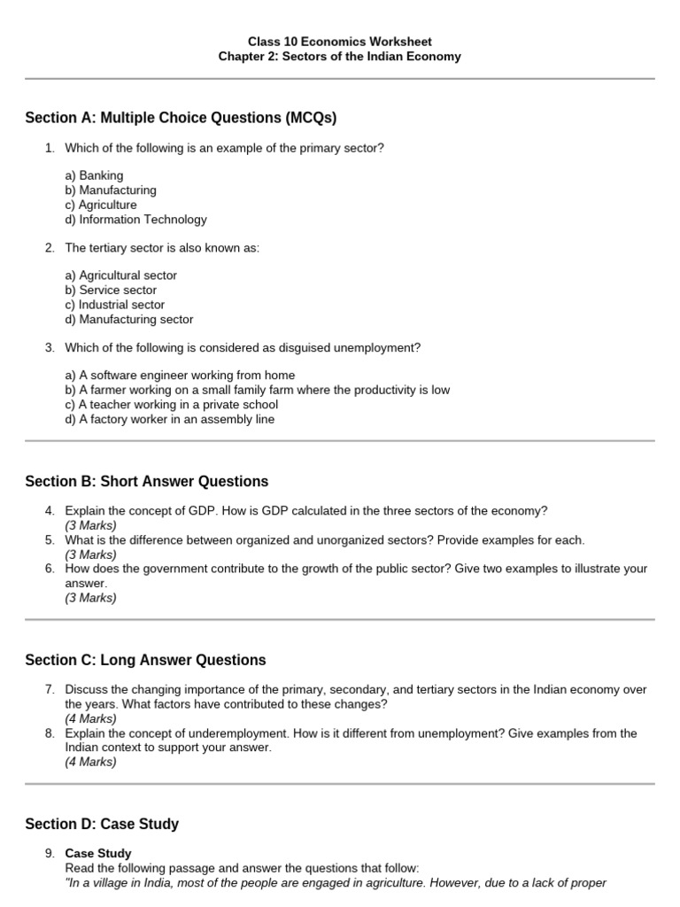 Class 10 Worksheet: Indian Economy Sectors | PDF
