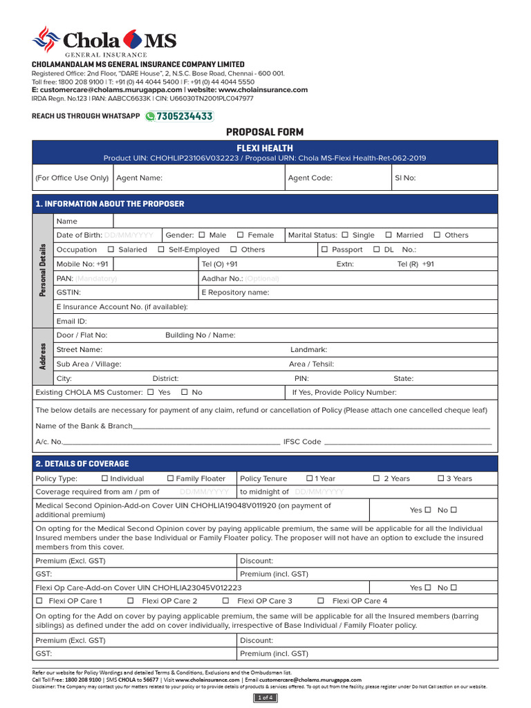 Chola MS Flexi Health Proposal Form | PDF | Insurance | Underwriting