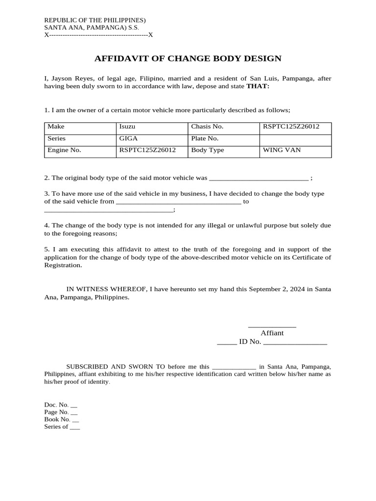Affidavit of Change Body Design2 (Truck) | PDF