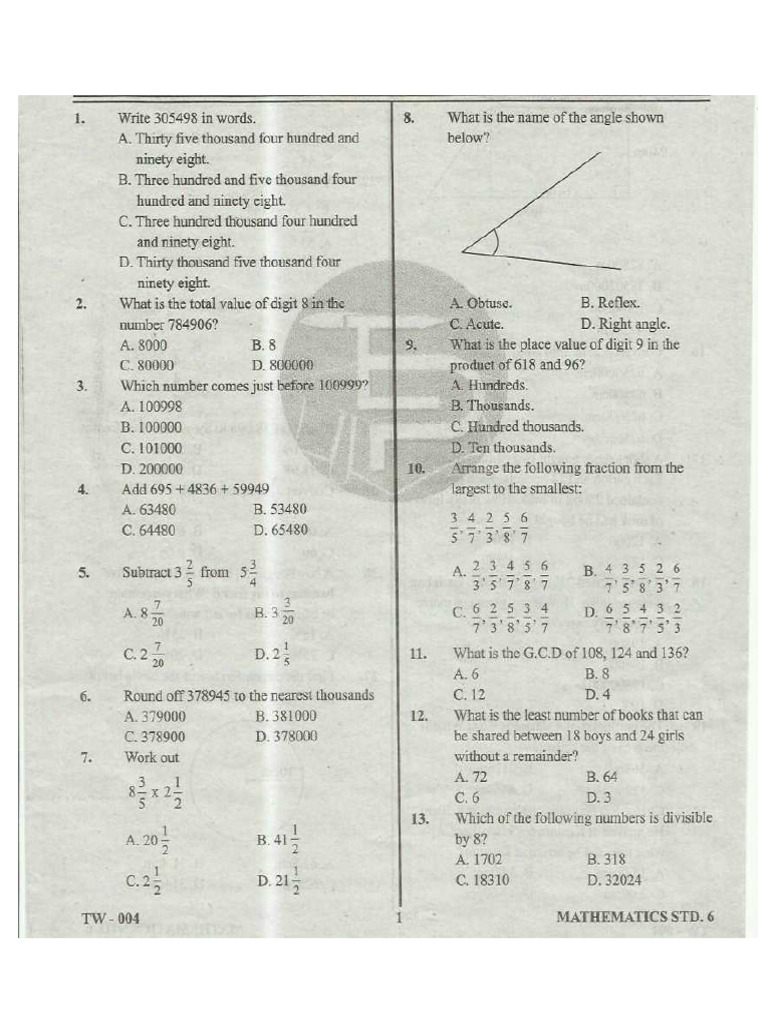 Std 6 Mathematics Mid Term 2 Exam 2016 | PDF