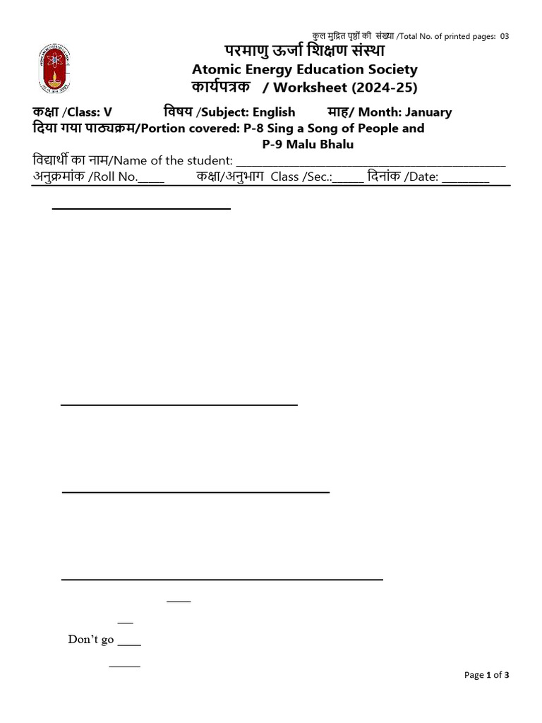 Worksheet Class-5 English Jan'25 | PDF
