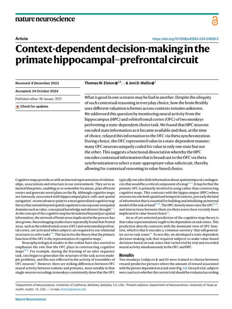 Context-Dependent Decision-Making in The Primate Hippocampal-Prefrontal Circuit | PDF ...