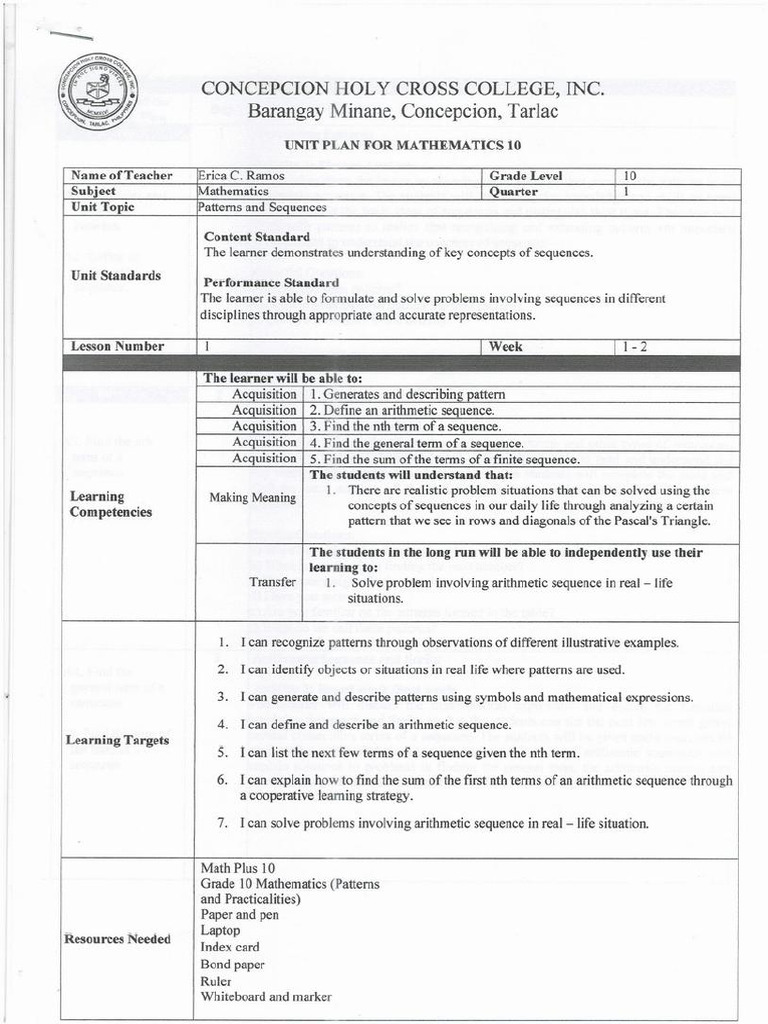 Sample Learning Plans (Mathematics 7 and 10) | PDF