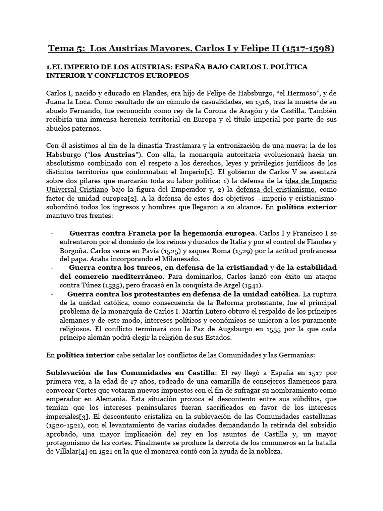 HISTORIA 2º BACH - LOS AUSTRIAS MAYORES (Tema 5 Bloque 3) | PDF | Imperio español | Francisco ...