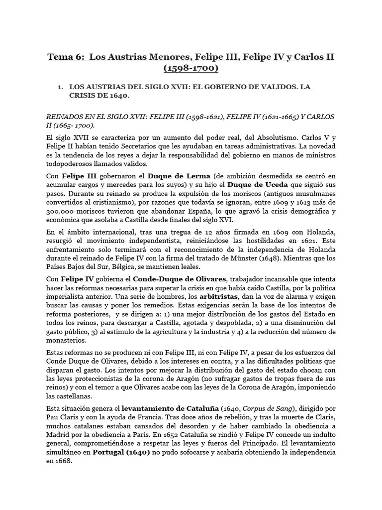 HISTORIA 2º BACH - LOS AUSTRIAS MENORES (Tema 6 Bloque 3) | PDF | Imperio español | España