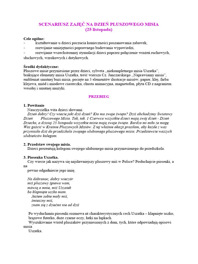 Scenariusz Zajęć Na Dzień Pluszowego Misia | PDF